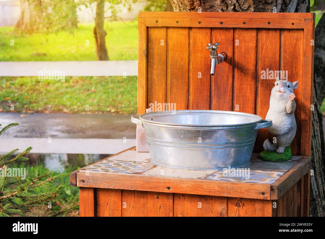 Washstand in village in outdoor. Washing hands in rustic garden in ...