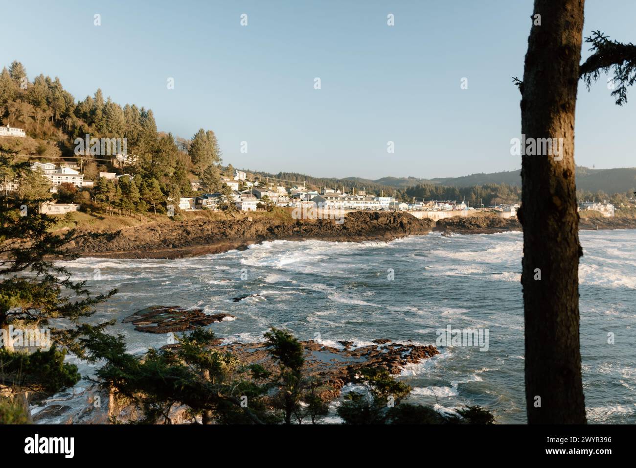 Town of Depoe Bay on Oregon Coast with Ocean Stock Photo - Alamy