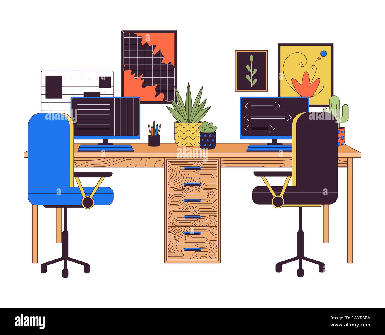 Double workplace with computers 2D linear cartoon objects Stock Vector ...