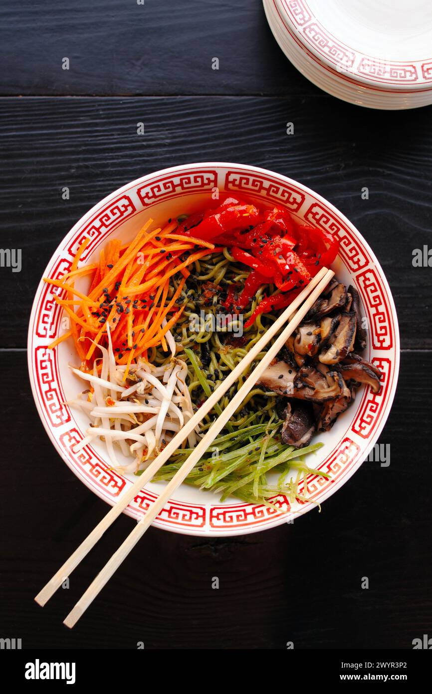 Overhead view looking down at Asian noodle dish Stock Photo - Alamy