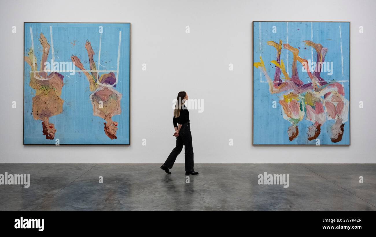 London, UK. 8 April 2024. A staff member between (L) 'Marie-Therese in ...