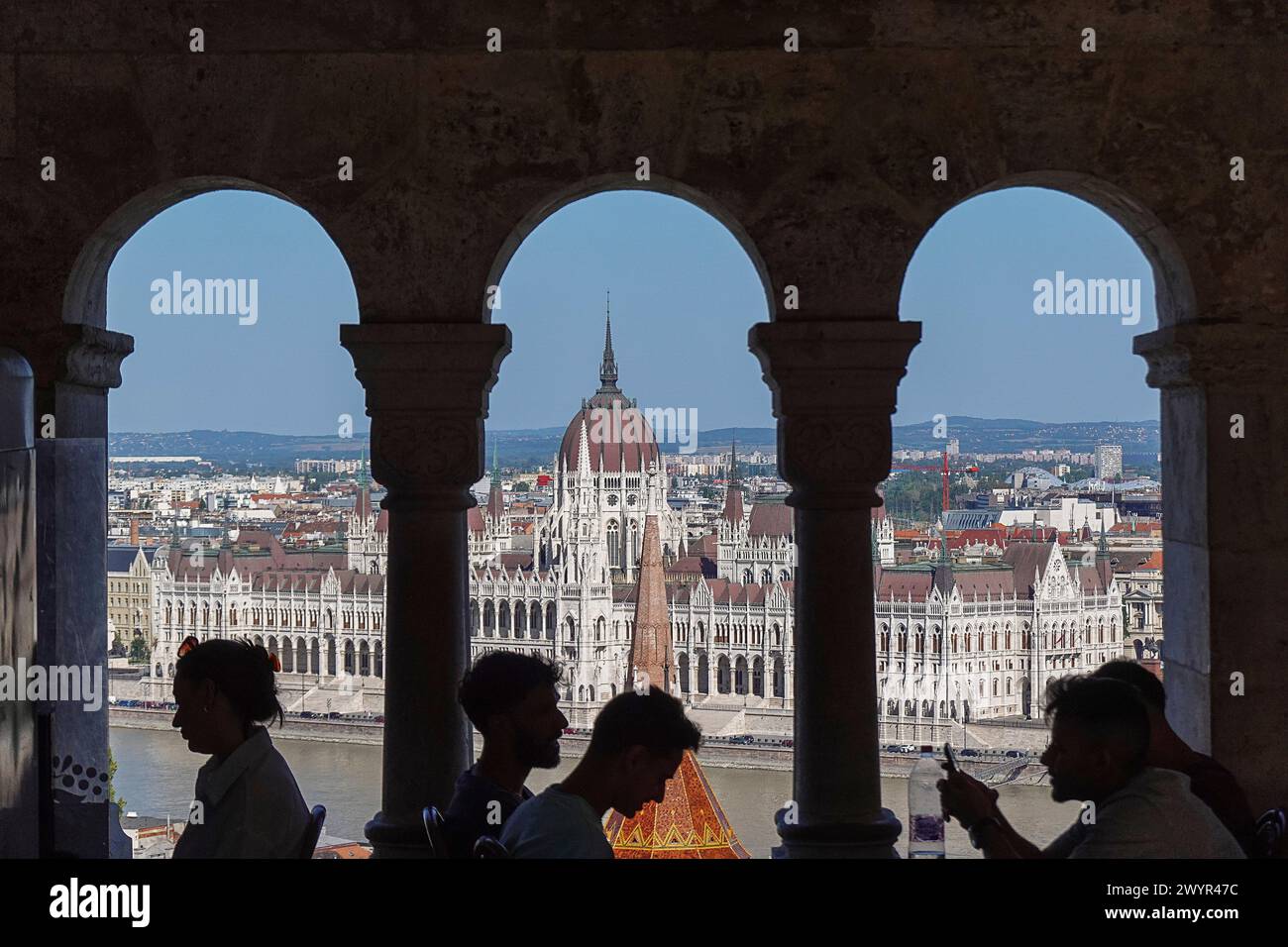 Hungary, Budapest, Lunch at a restaurant have a clear view of ...