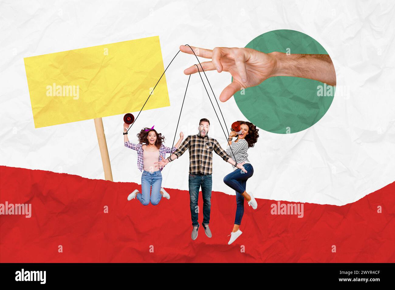 Composite photo collage of crowd girl guy hold loudspeaker scream hand ...