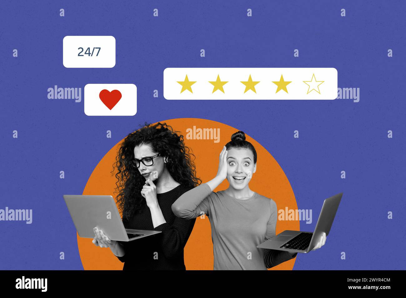 Composite photo collage of two girls colleagues hold macbook support ...