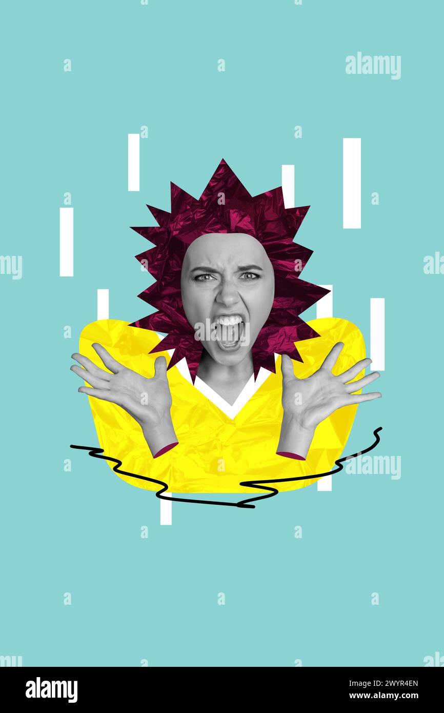 Vertical photo collage of angry dissatisfied girl cream freak hairstyle ...