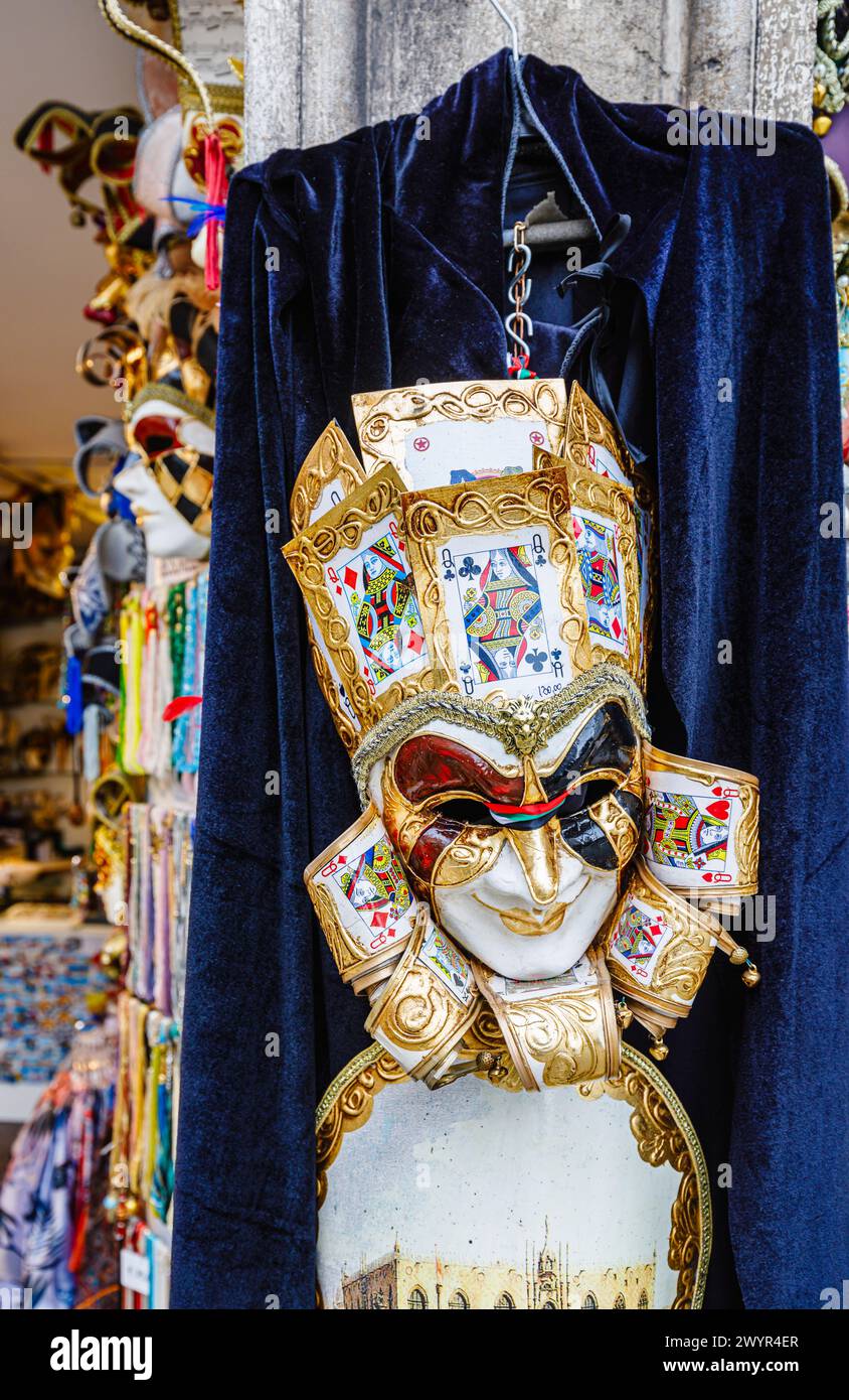 Traditional carnival masks on display in a shop for sale as typical tourist souvenirs in a shop ...