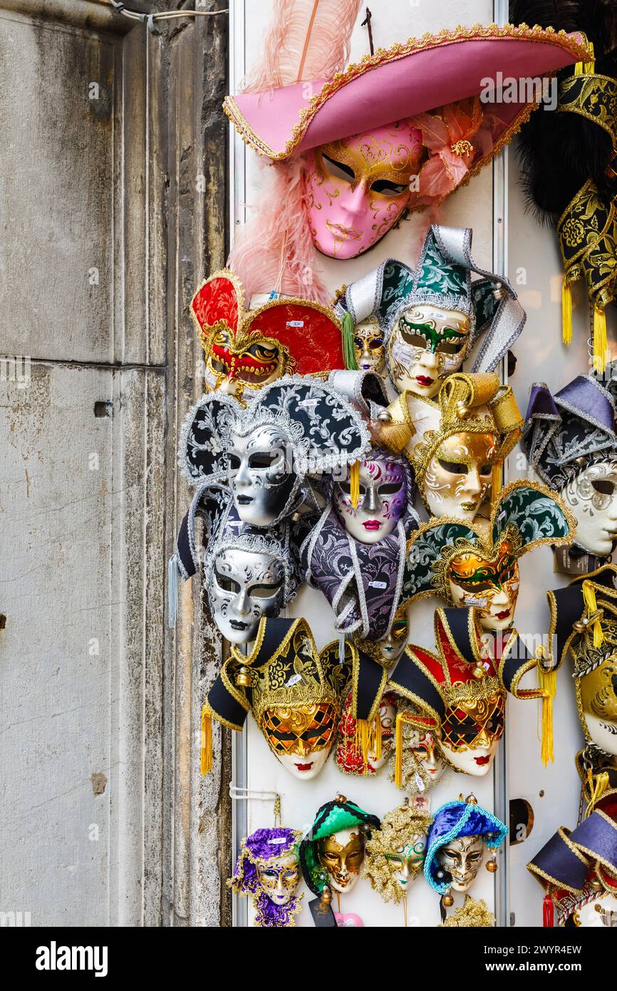 Traditional carnival masks on display in a shop for sale as typical ...