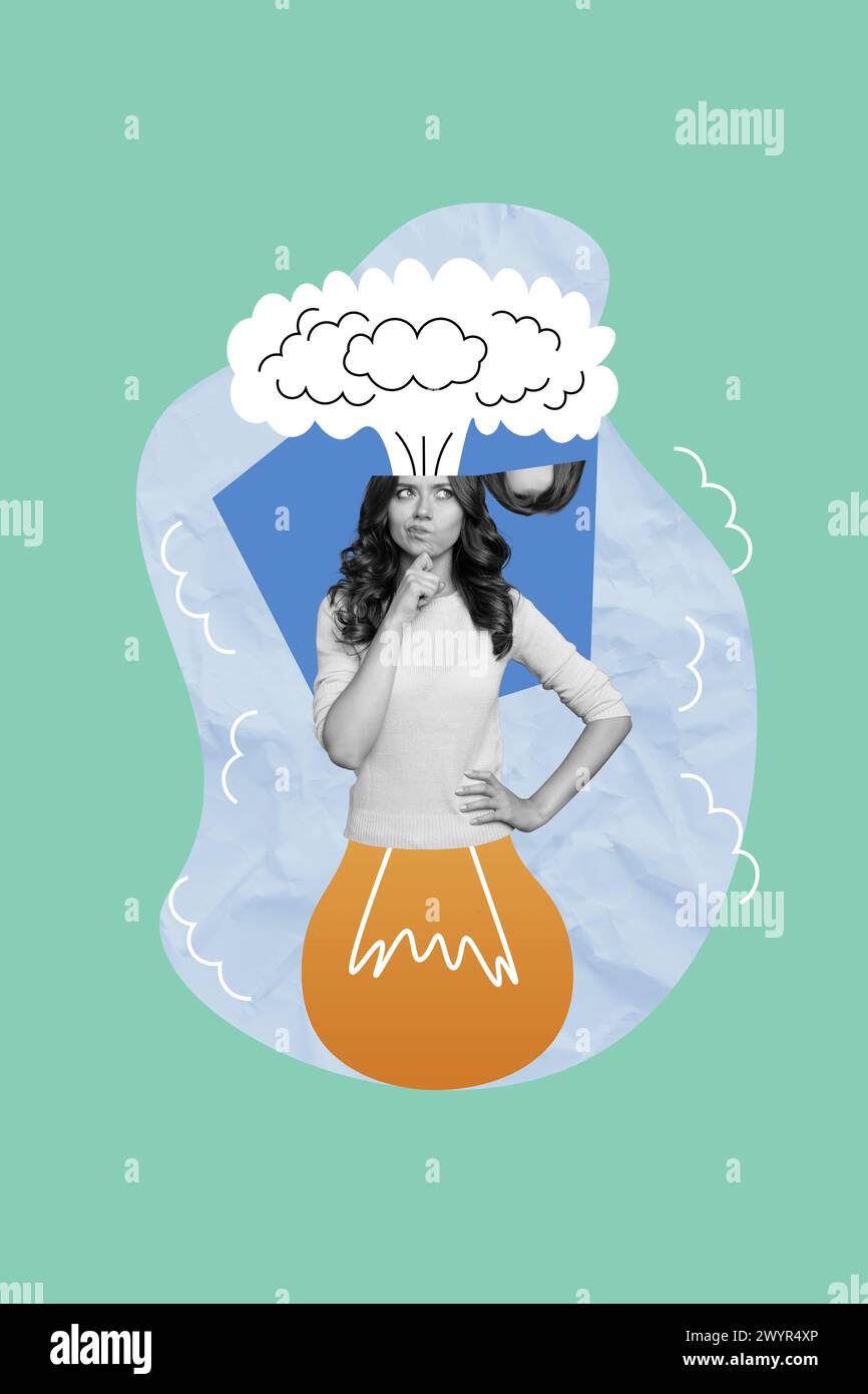Vertical photo collage of thoughtful girl brain explosion cloud idea ...