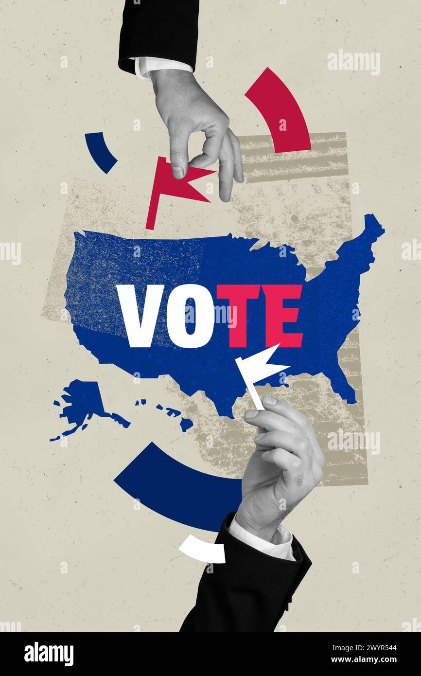 Vertical photo collage of two hands opponents hold red white flag map ...