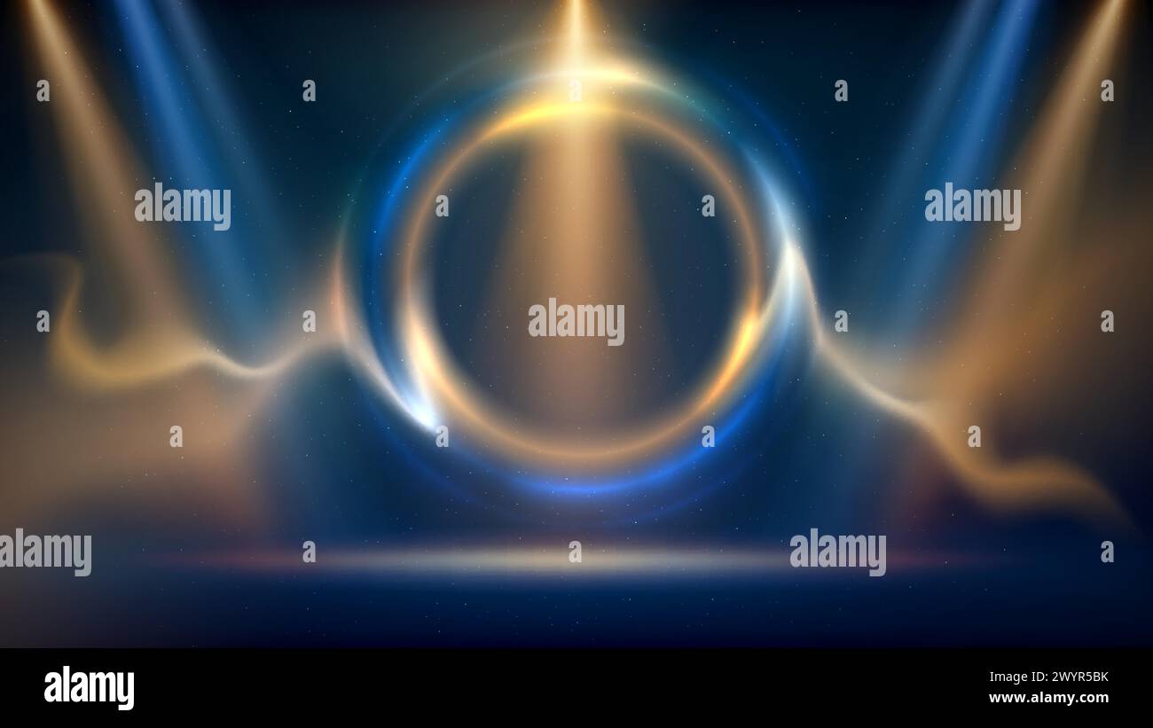 Golden, blue spotlight backdrop. Stage with golden blue circular ...