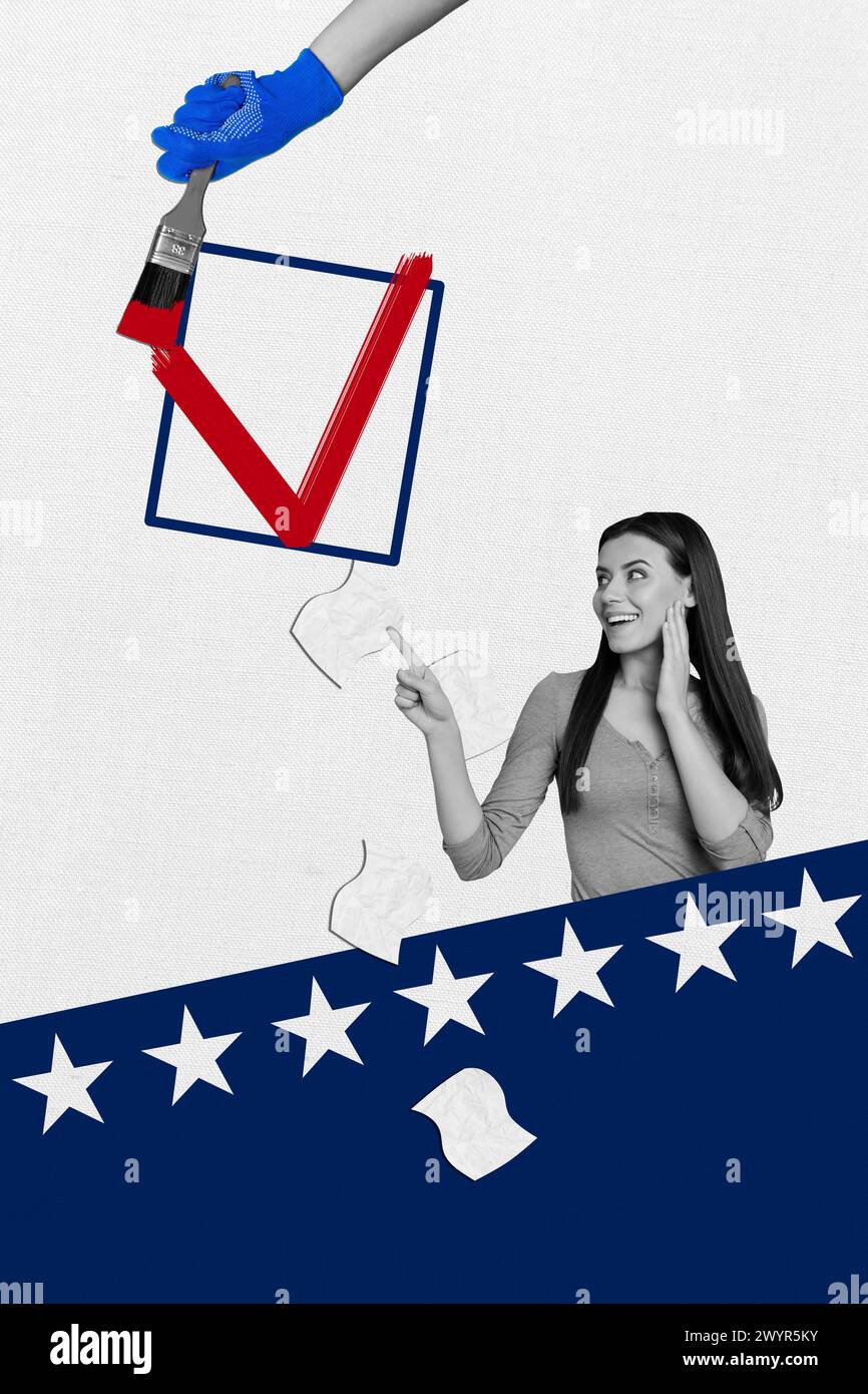 Vertical creative collage picture happy young girl showing finger ...