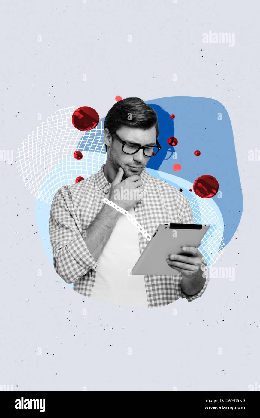 Vertical photo collage of serious guy hand touch chin think addiction ...