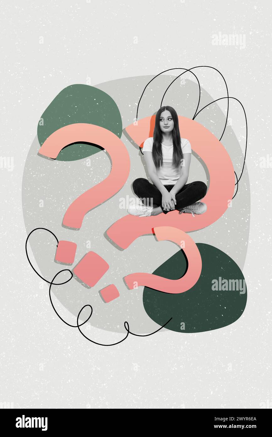 Vertical creative collage poster young sitting thinking unsure woman ...