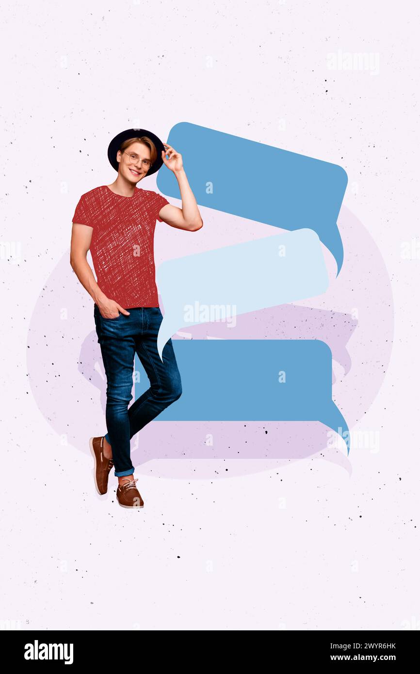 Vertical photo collage of young guy stand pose hold hat text box ...