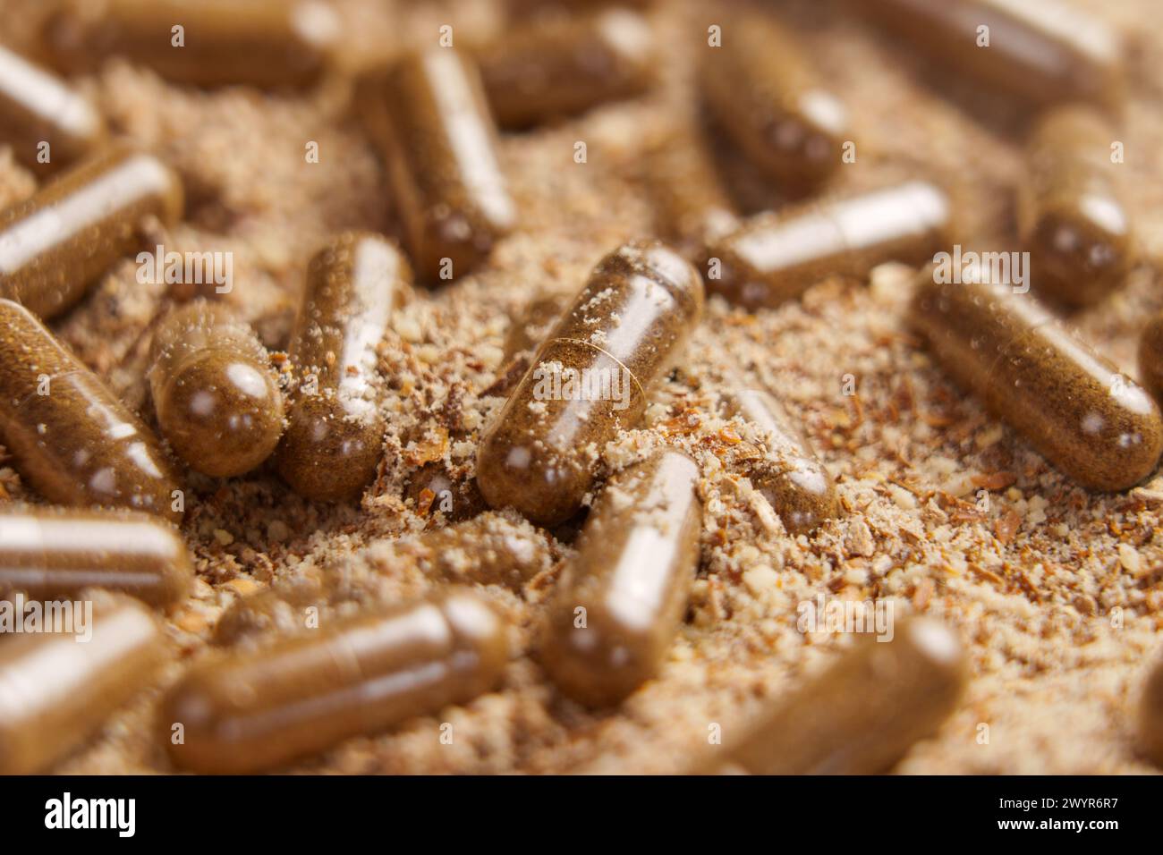 Herb medicinal capsules in dry Milk thistle powder. Natural supplements ...