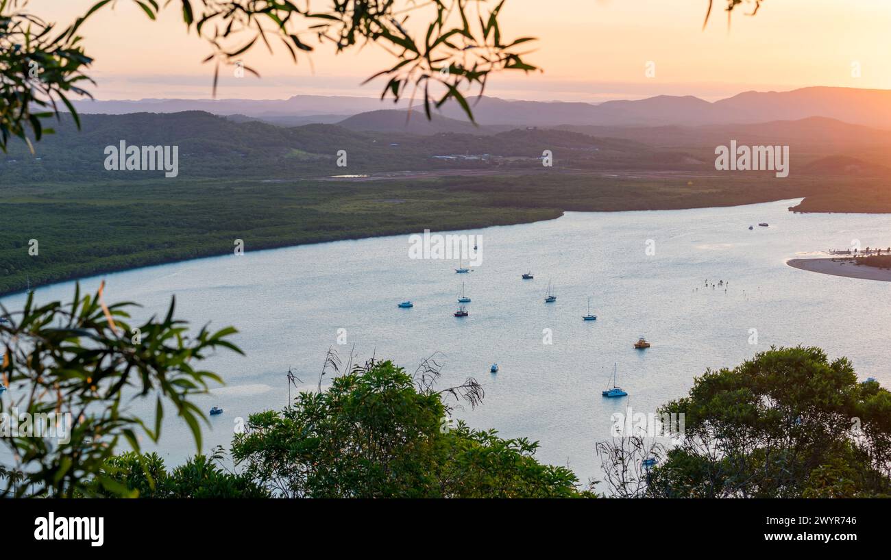 A panoramic sunset view of the Endeavour River from Grassy Hill in ...