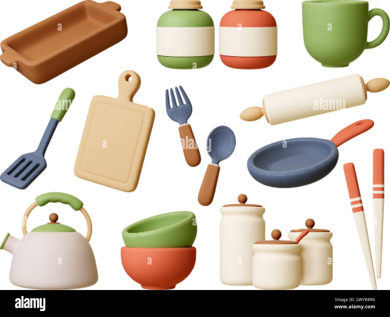 Kitchen 3d tools and crockery. Realistic render cutlery, bowls and jars ...