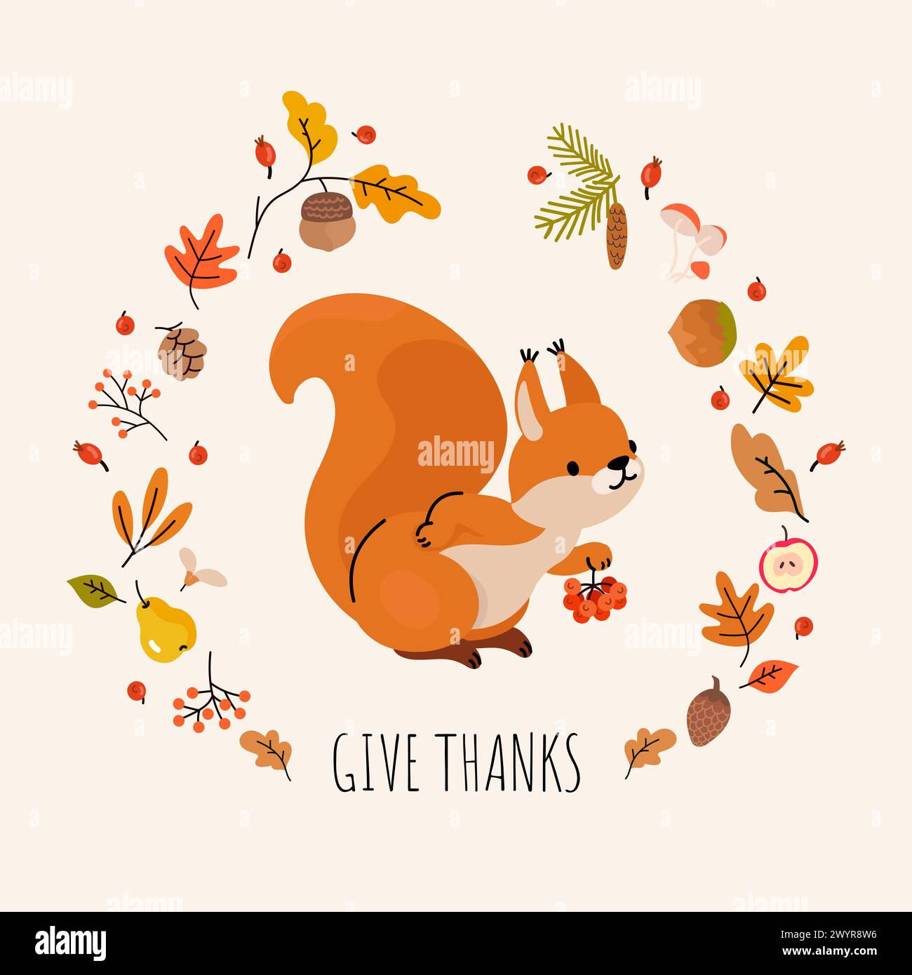 Squirrel thanksgiving day. Cute little forest character holds twig with ...