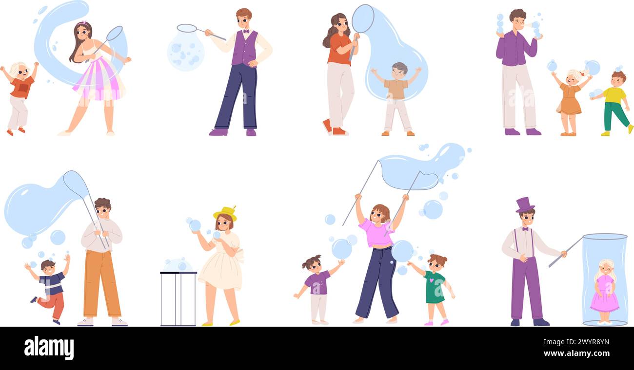 Soap bubbles show. Performers artists blowing bubble for children. Kids ...