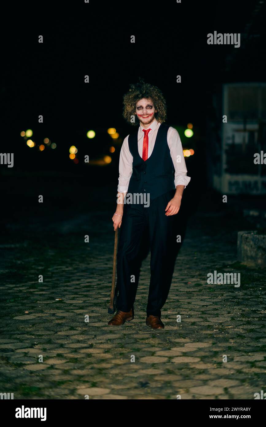 A mysterious figure, disguised as an assassin in a suit with wild hair ...