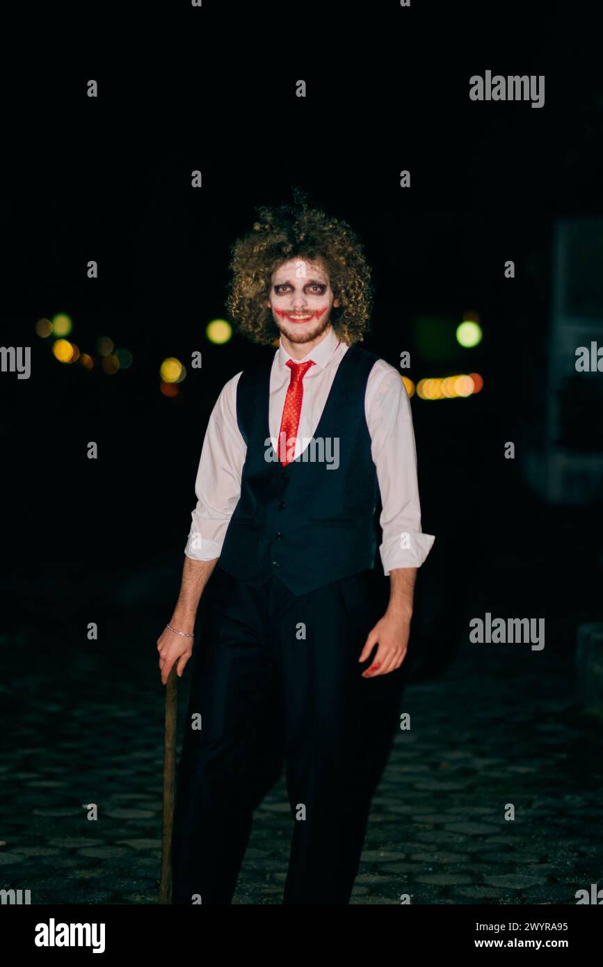 A mysterious figure, disguised as an assassin in a suit with wild hair ...