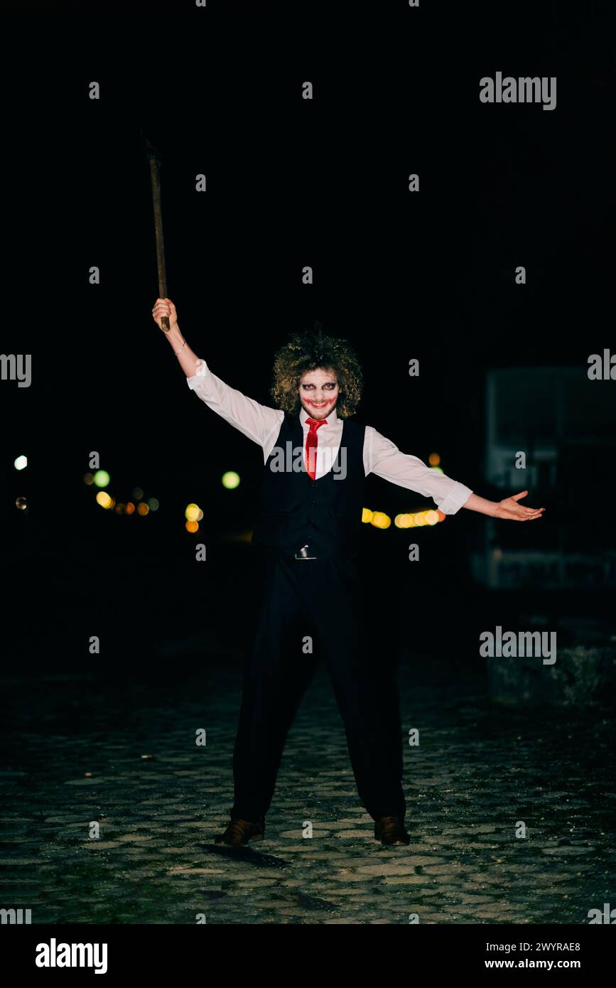 A mysterious figure, disguised as an assassin in a suit with wild hair ...