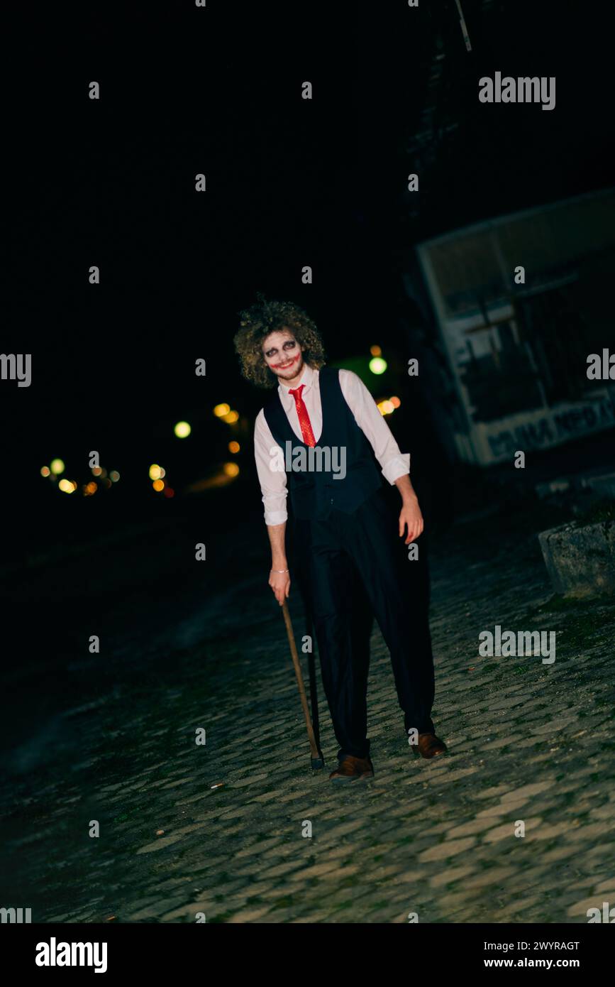 A mysterious figure, disguised as an assassin in a suit with wild hair ...
