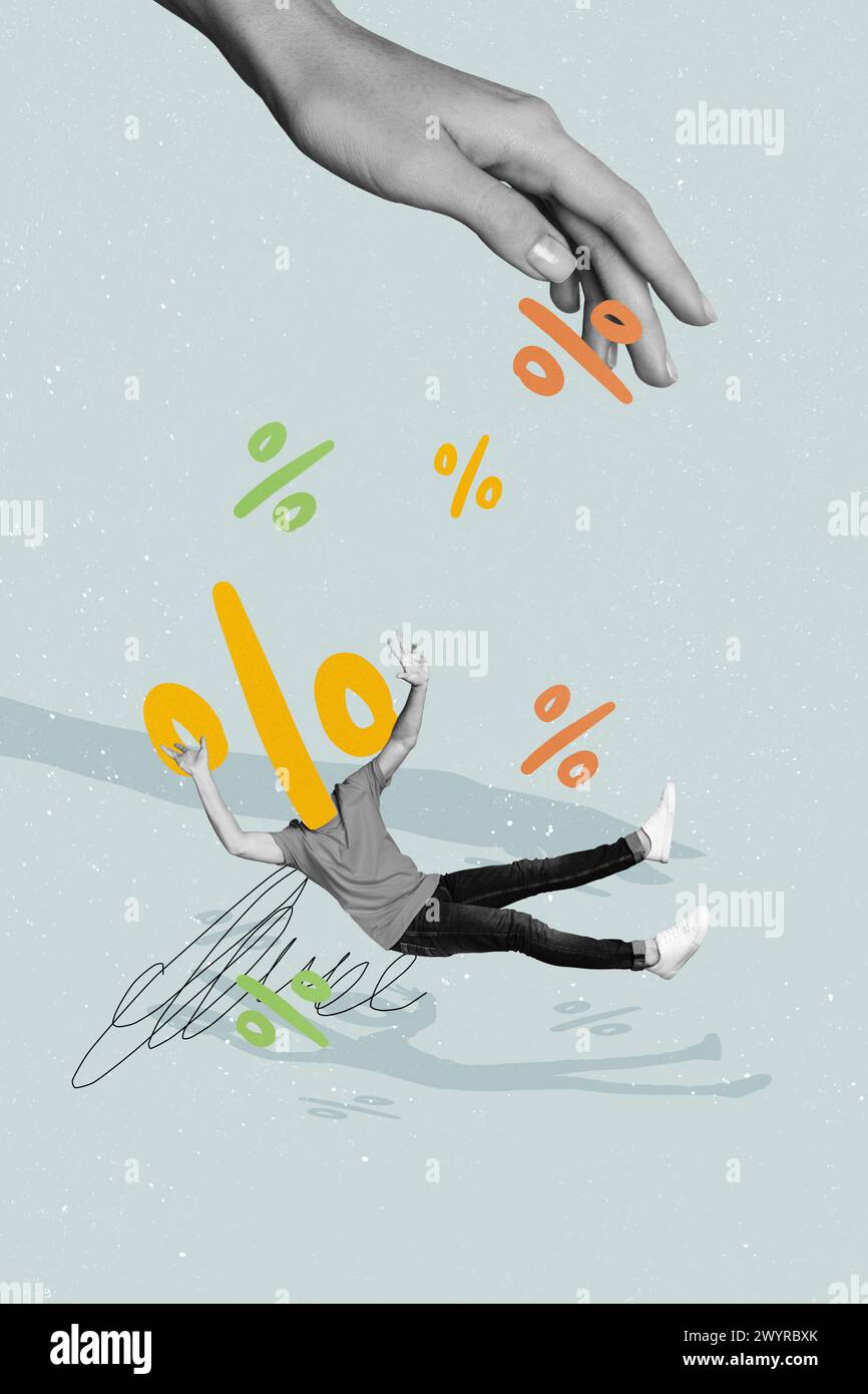 Collage artwork image of crazy man no face head falling down economy ...