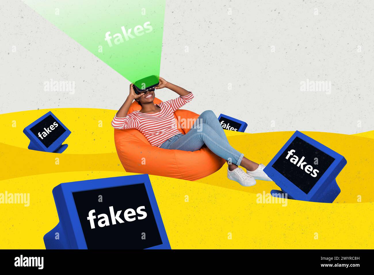 Composite 3D collage of silhouette young attractive lady sit in beanbag ...