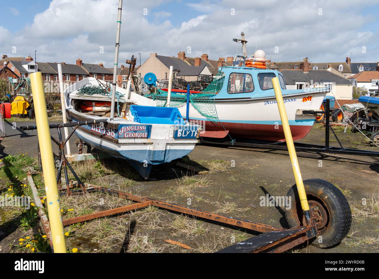 Fishing boats by the village harbour at Cullercoats, North Tyneside, UK ...