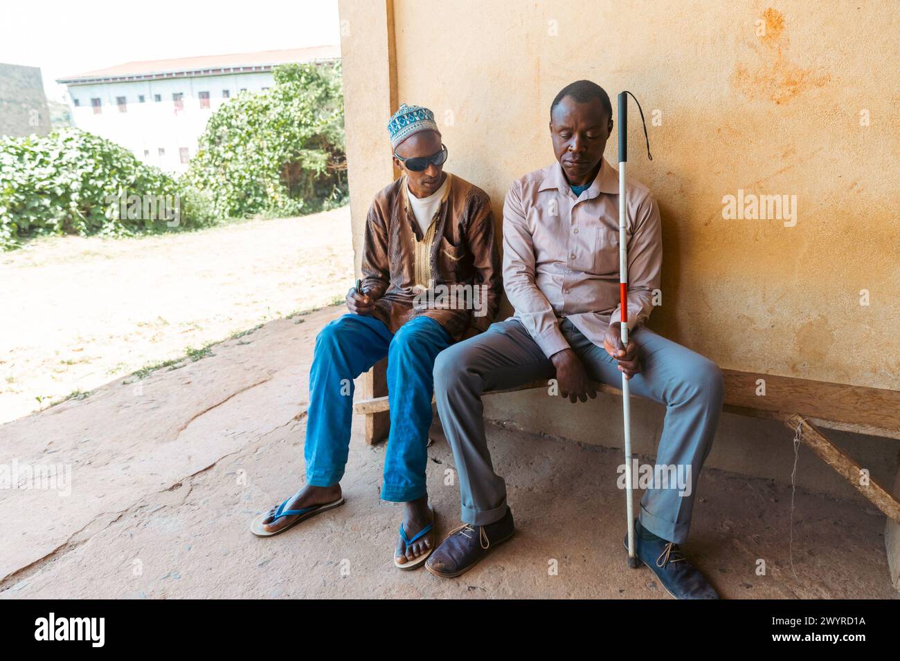 Two men sitting on a bench, one of them holding a cane. Scene is calm ...