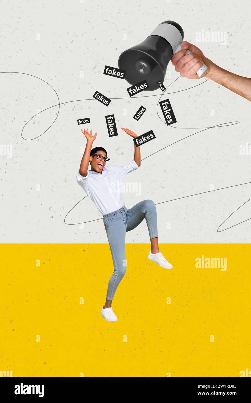 Composite trend artwork photo collage of young scared lady cover hands ...