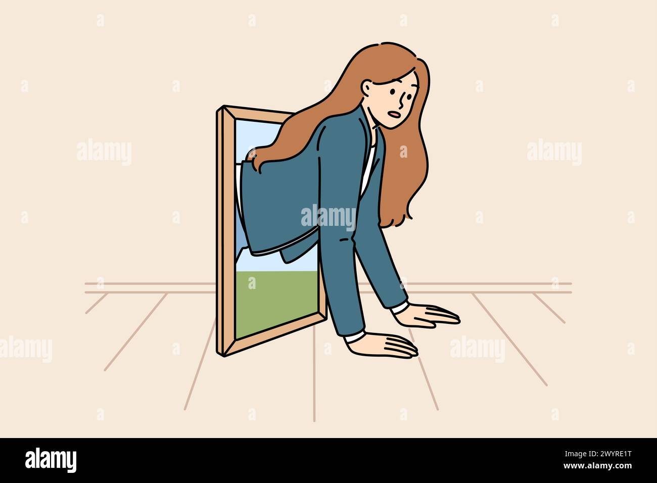 Business woman climbs out of small window for teleportation, moving in ...