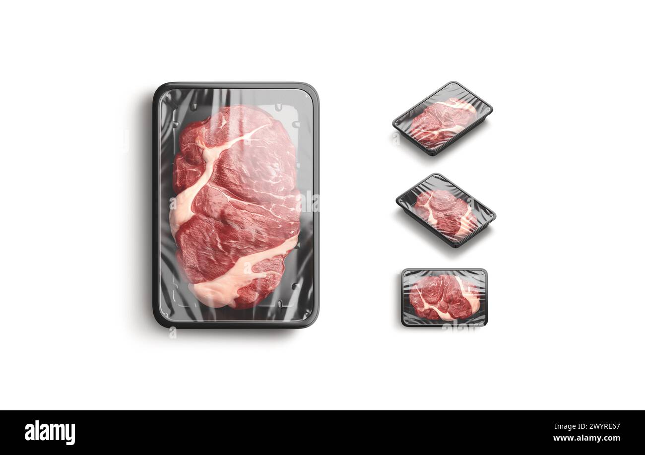 Blank transparent plastic tray with beef mockup, different sides Stock ...