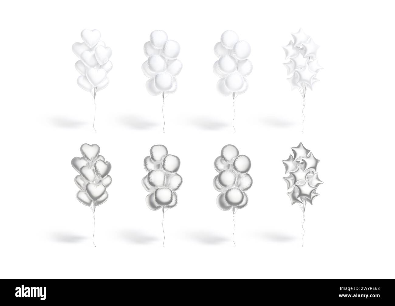 Blank silver and white balloon bouquet mockup, different shapes Stock ...