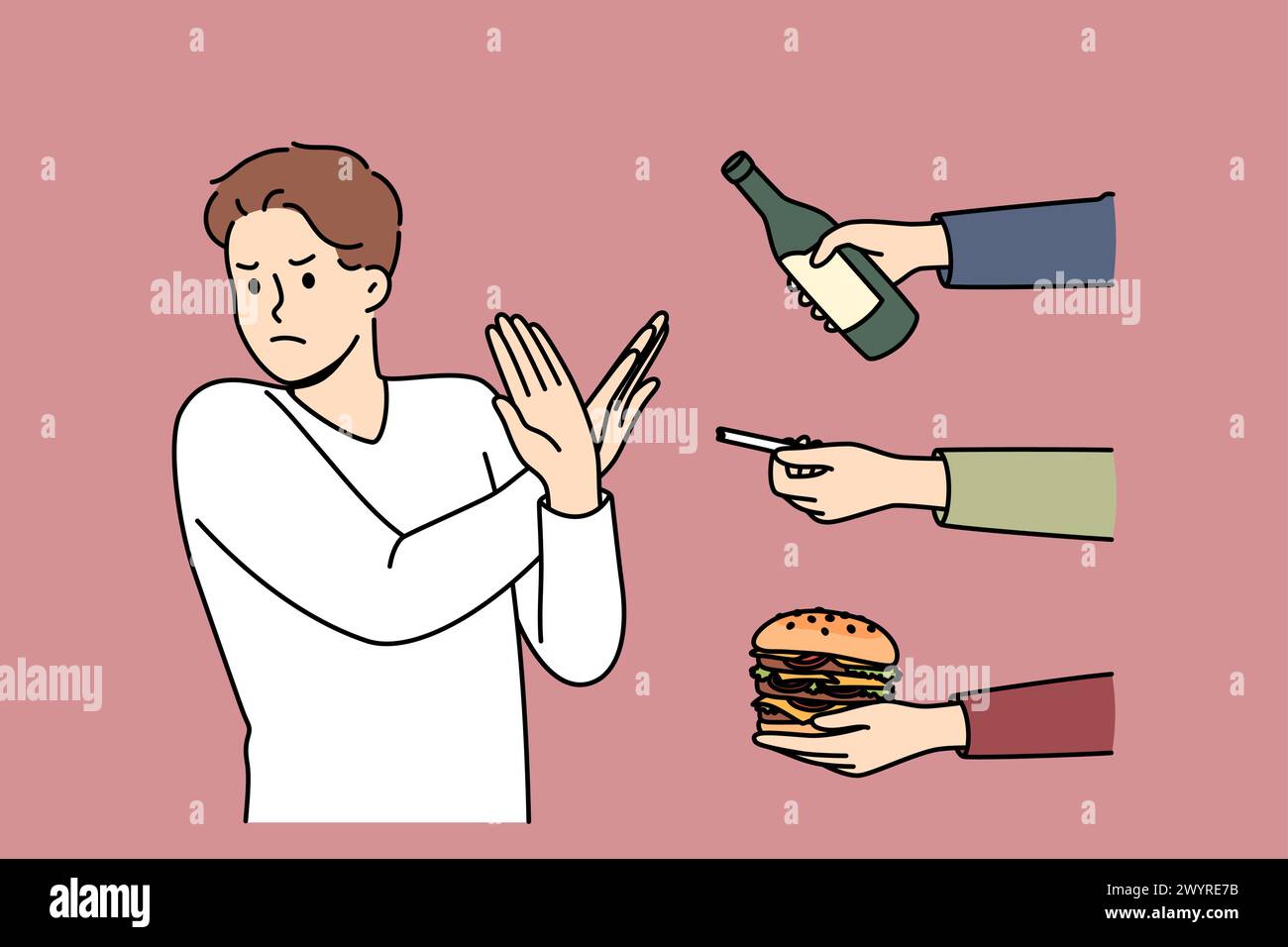 Man gives up bad habits, making forbidden gesture near hands with ...