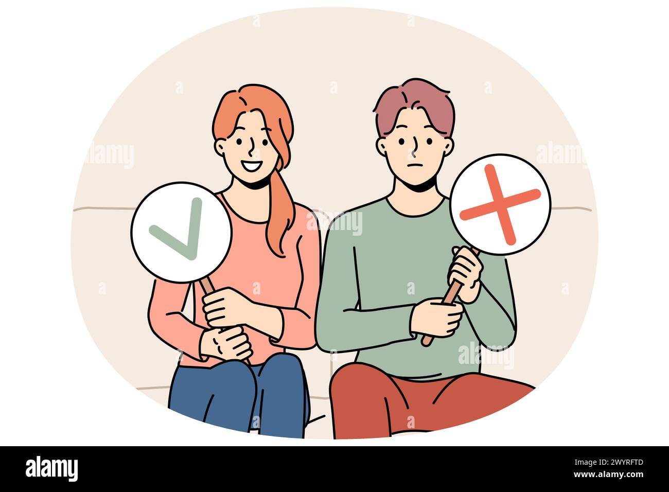 Couple sitting on couch showing yes and no signs. Man and woman feeling ...