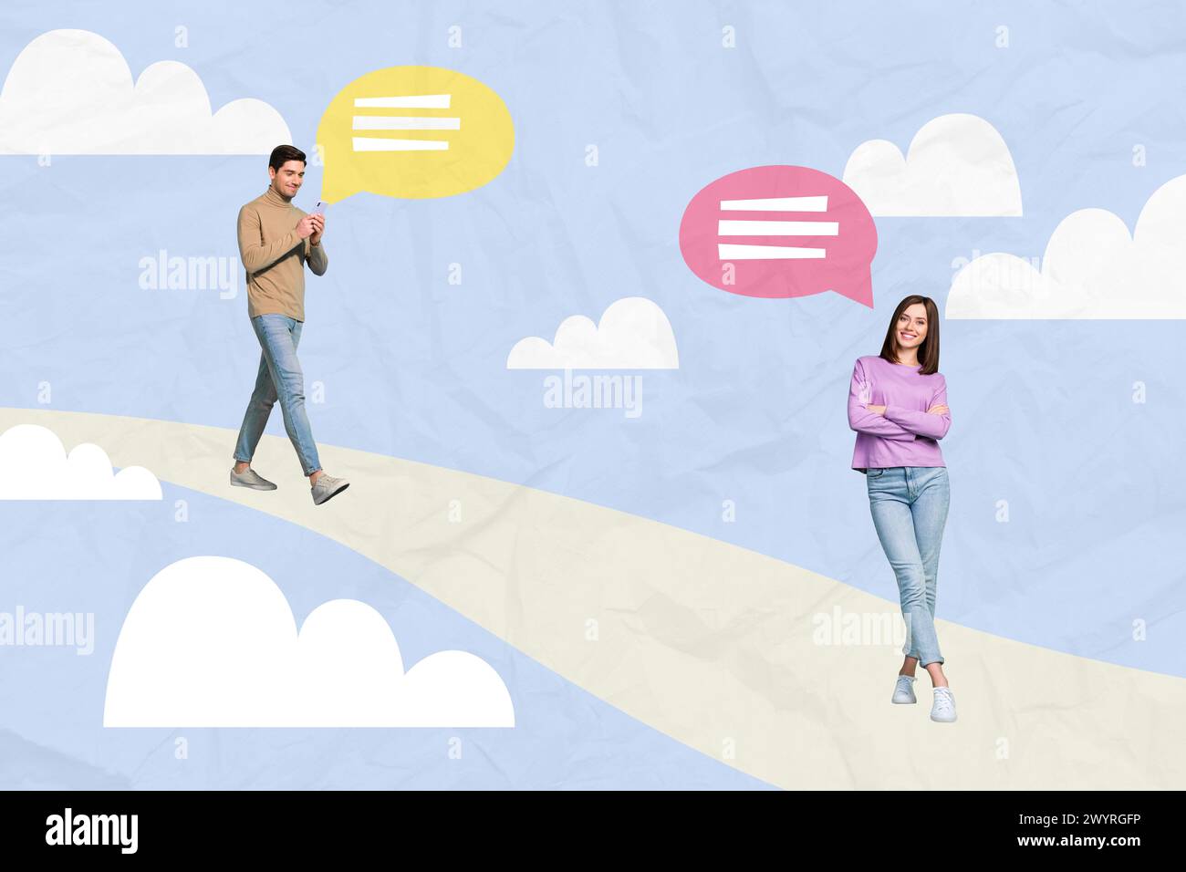 Creative picture collage young man woman online communication textbox ...