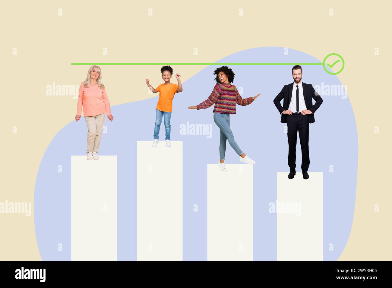 Vertical creative picture collage young happy cheerful woman circle ...