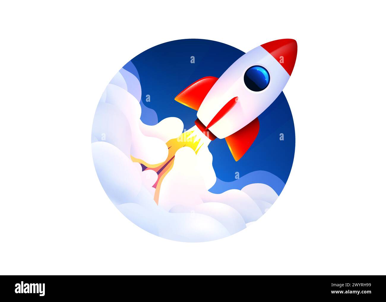 Rocket launch in the sky flying over clouds. Space ship in smoke clouds ...