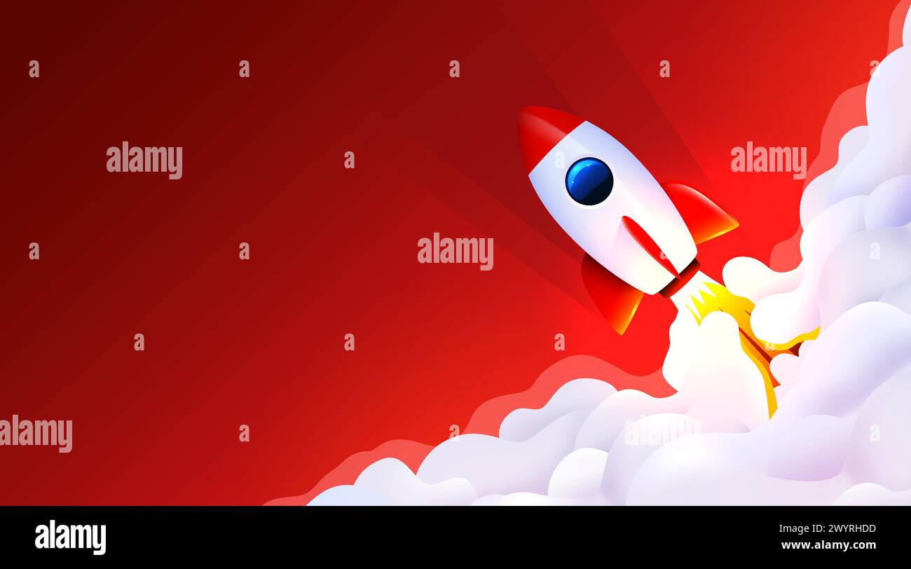 Rocket launch in the sky flying over clouds. Space ship in smoke clouds ...