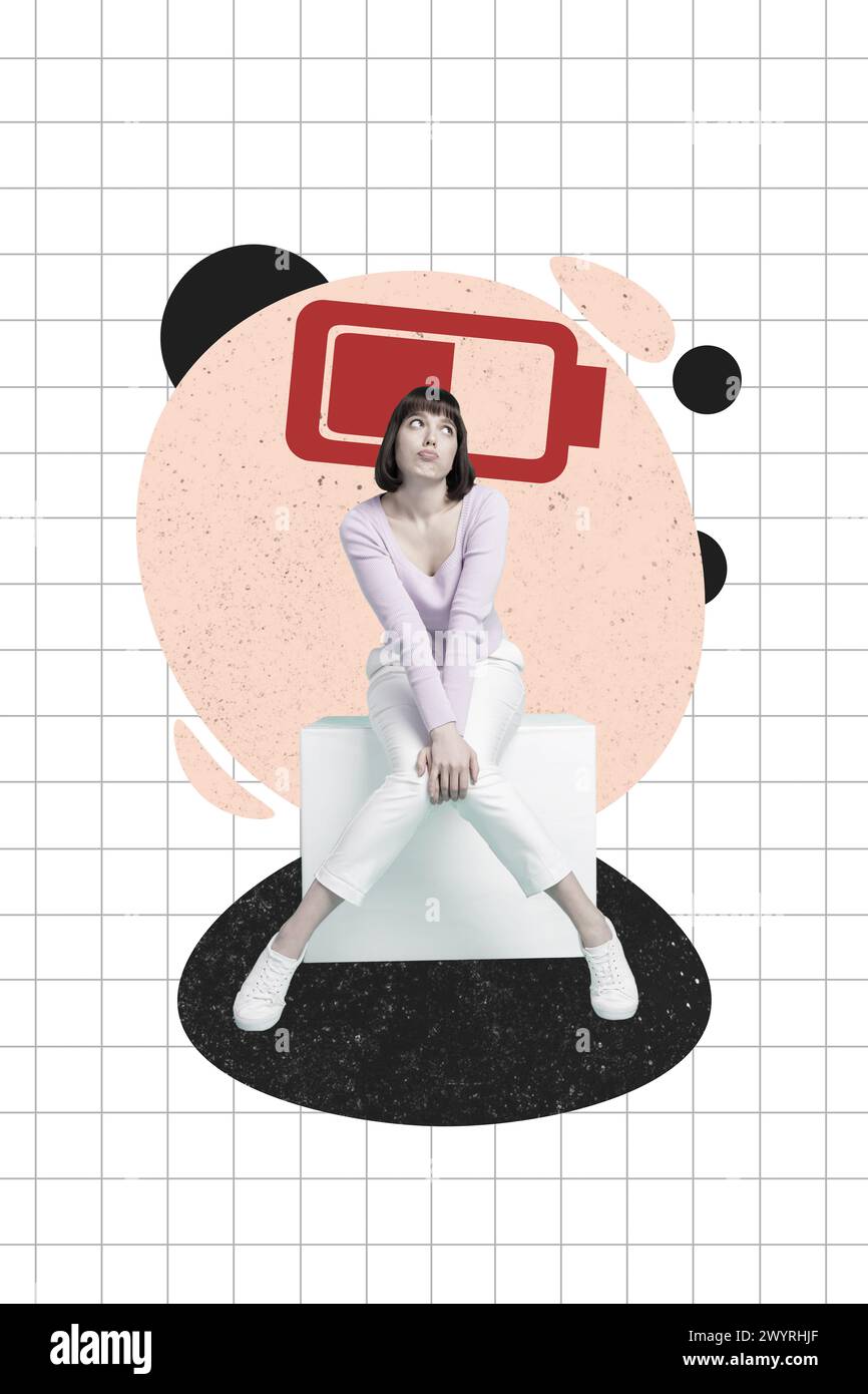 Vertical photo collage of upset tired girl sit chair low level battery ...
