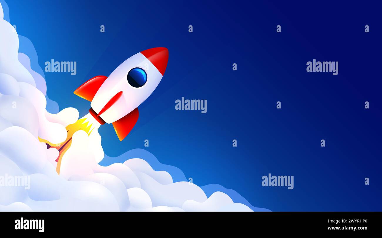 Rocket launch in the sky flying over clouds. Space ship in smoke clouds ...