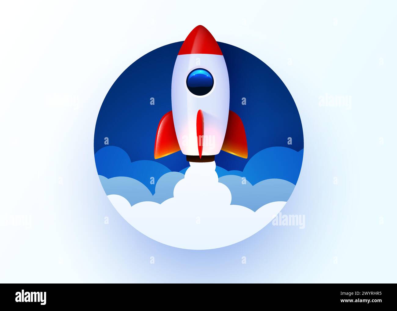 Rocket launch in the sky flying over clouds. Space ship in smoke clouds ...