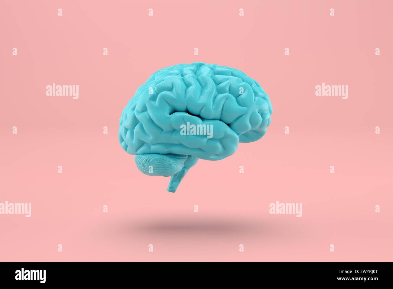 Blue colored human brain floating on pink background. Thinking, mental health, neurology and ...