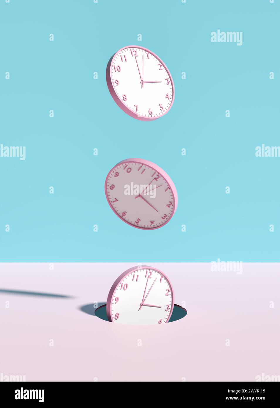 Wall clocks falling through a hole on pink and blue background. Time ...