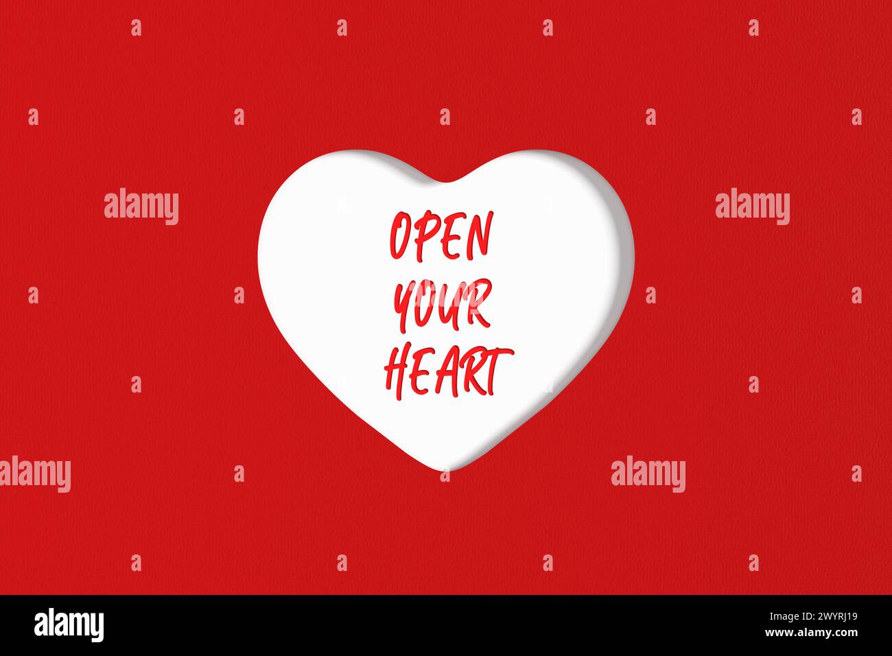 Cut out heart shape on red paper background with the message open your ...