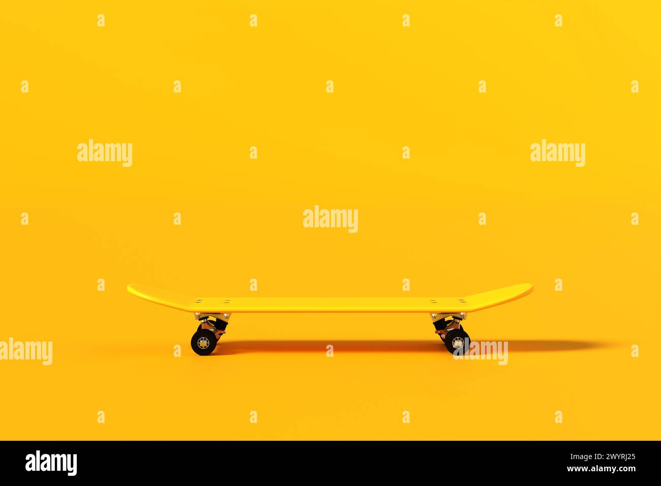Yellow skateboard on yellow background with copy space. 3D rendering ...