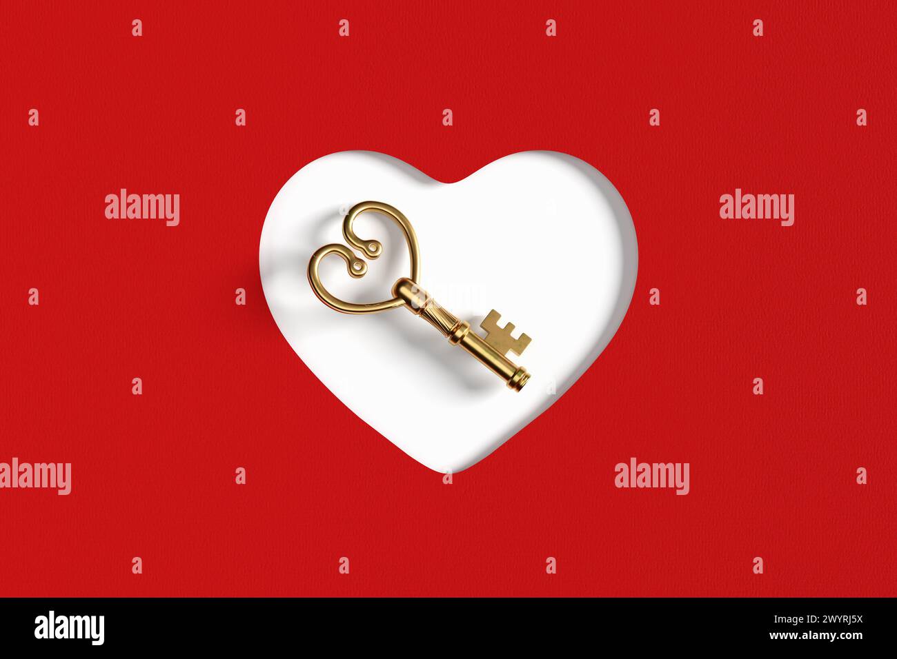 Vintage heart shaped golden key inside of a cut out heart shape on red ...