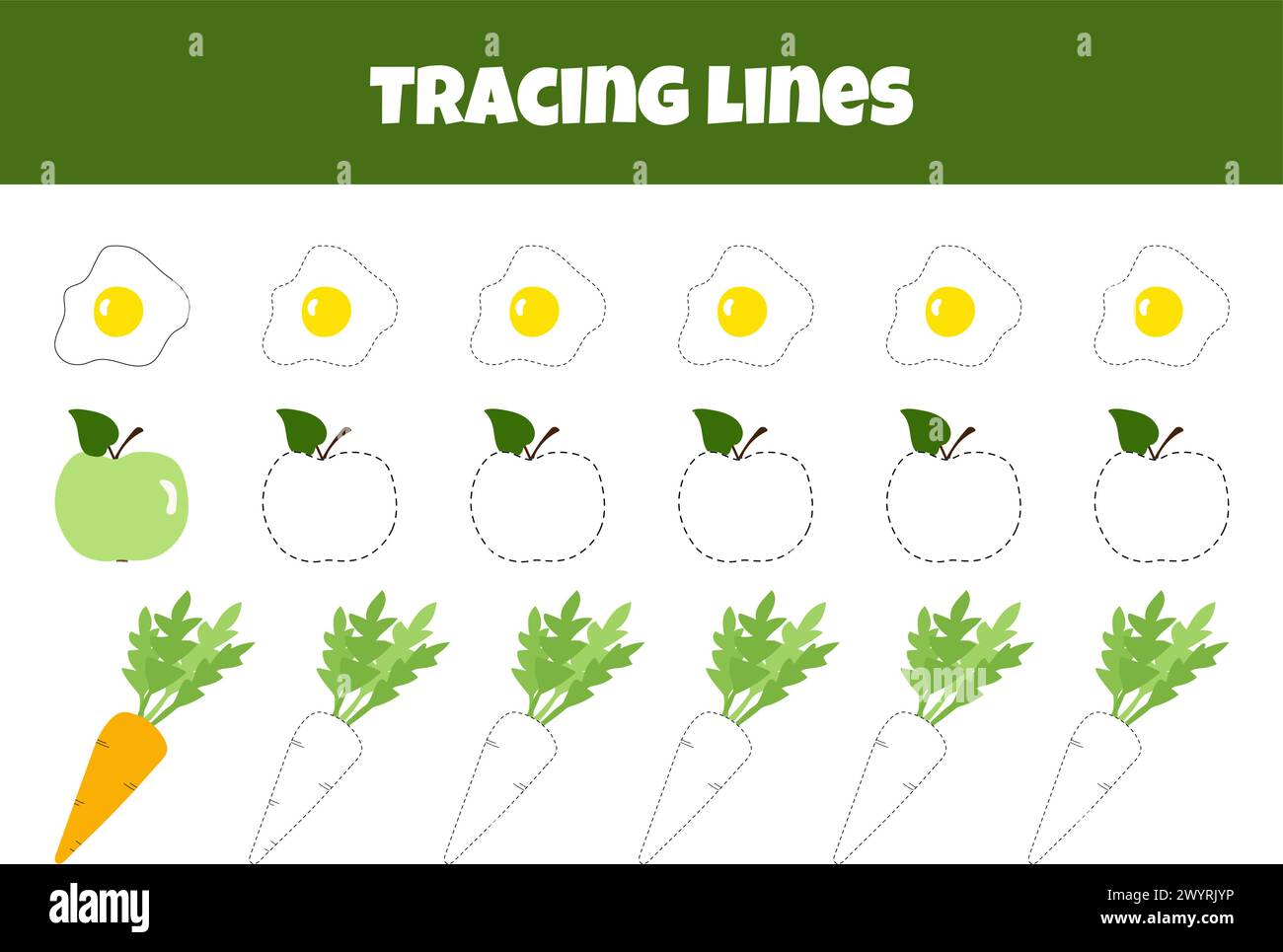 Outline The Fried Egg, Apple, And Carrot On The Worksheet For Tracing ...